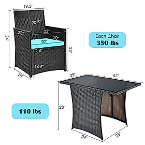 Tangkula 3 Pieces Patio Dining Set, Space-Saving PE Rattan Bistro Set with Tempered Glass Top Table and Cushioned Chairs, Outdoor Conversation Set for Garden Backyard Poolside Porch (Turquoise)