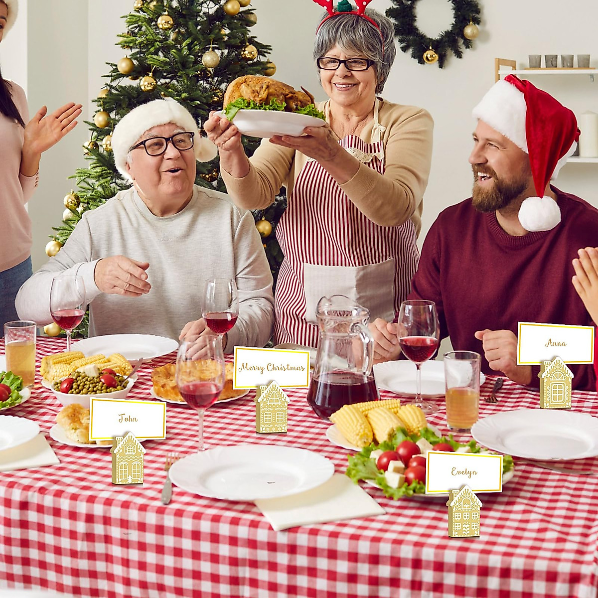 Fullhawl 24 Pcs Christmas Gingerbread House Place Card Holders with 35 Pcs Name Cards Ginger Yellow Wooden Rustic Christmas Wooden Christmas Decoration for Christmas Dinner Table Xmas Party Favors