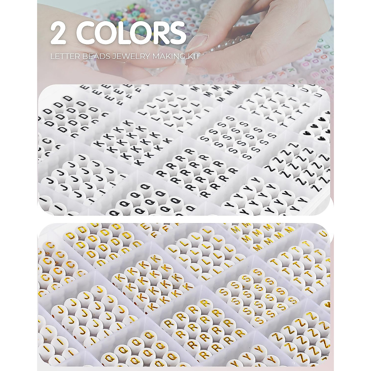 L'EclatDina 2 Box Set Letter Beads, Alphabet Beads for Bracelets, 1900+ PCS Round Number & Heart Beads, 5m Elastic String Jewelry Making Kit, Ideal for Friendship Bracelets (Black+Gold)