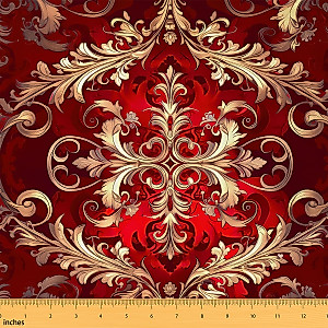 Erosebridal Red Damask Fabric by The Yard, Bohemian Vintage Florals Upholstery Fabric, Exotic Aztec Waterproof Indoor Outdoor Fabric, Elegant Luxury Decorative Fabric, Golden Red, 1 Yard