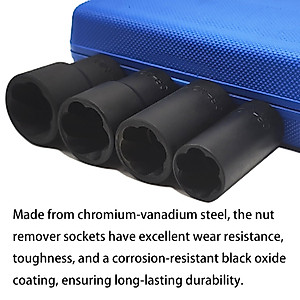 JEUCLEL 5PCS Twist Lug Nut Socket Set - 1/2 inch Drive Damaged Nut Lock Remover Extractor - Rusted & Strip & Stripped & Stuck Locking Nut Removal Tool Kit with 17mm 19mm 21mm 22mm Sockets