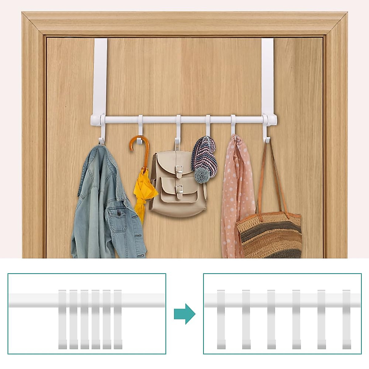 MGahyi Over The Door Hooks Hanger, Moving 6-Hooks,Over Door Towel Rack,Door Coat Hanger, Upgraded Long Arms for Bathroom Accessories (White)