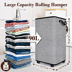 PHESWISOM 90L Large Rolling Laundry Hamper, Laundry Basket with Wheels and Handle for Storage, Dirty Clothes Hamper for Laundry, Tall Laundry Basket, Collapsible Laundry Hamper for Bathroom Dorm, Grey