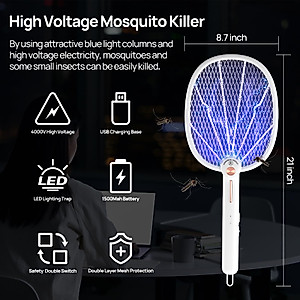Meilen Electric Fly swatter Racket,2 in 1 Electric Bug Zapper Indoor with 1500mAh Battery,USB Rechargeable Mosquito Zapper with 5 Mosquito Lure lamp Beads,Fly swatter for Indoors（ Brush Included）