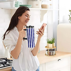 Flradish 40oz Tumbler with Handle, Navy Blue White Stripes Stainless Steel Tumbler with Lid and Straws Double Wall Vacuum Insulated Leakproof Coffee Travel Mug