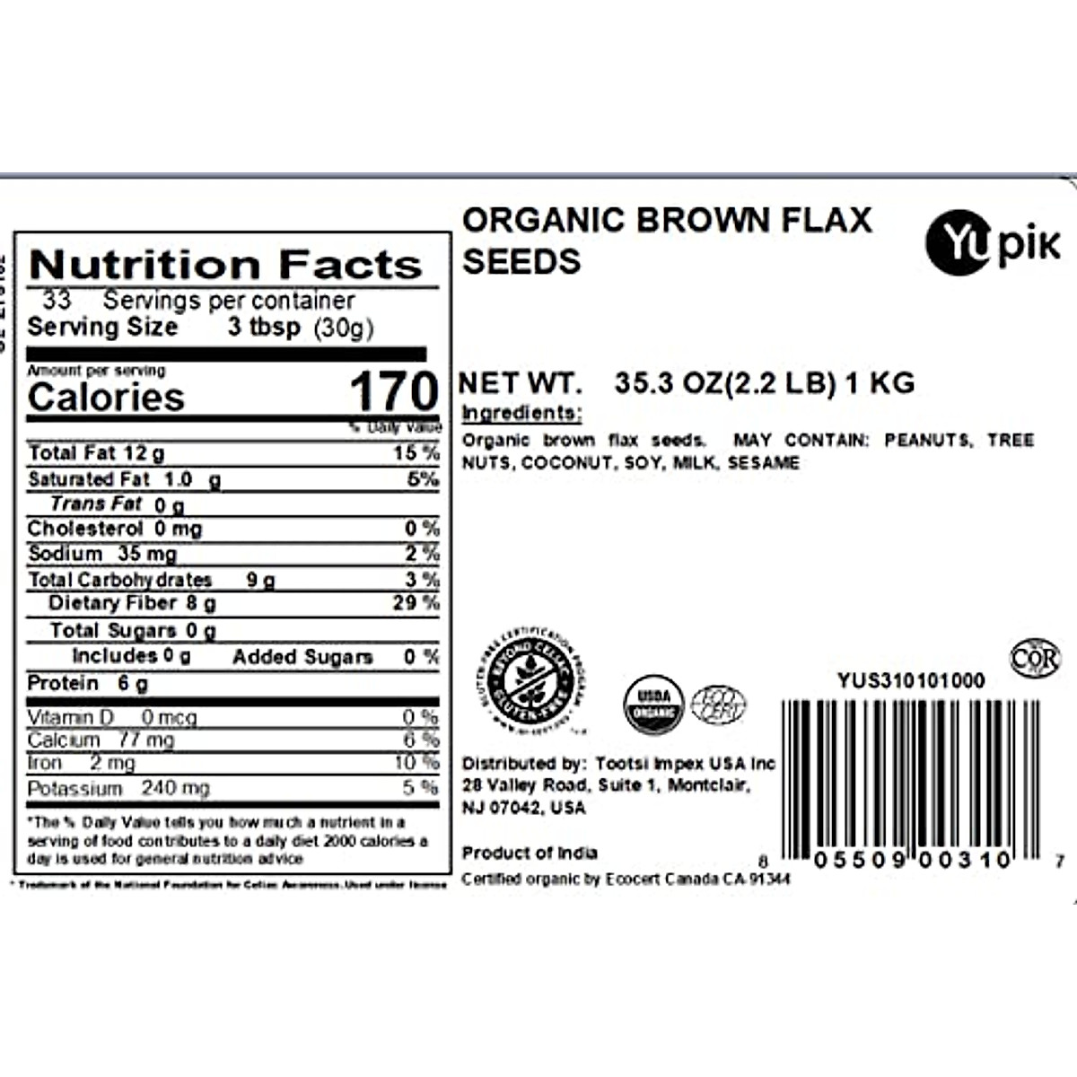 Yupik Organic Flax Seeds, Brown, 2.2 lb, Pack of 1