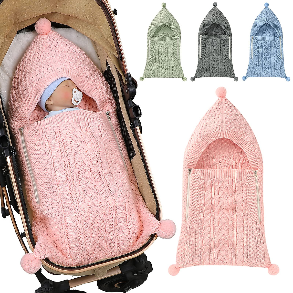 Baby Winter Warmer Wrap Swaddle Blanket Newborn Knitted Wool Sleeping Bag Sack Stroller Wrap Receiving Blanket Home Hospital Blankets for 0-12 Months (Pink)