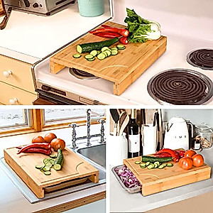JENELI CO Large Bamboo Cutting Board with Containers, Meal Prep Station with Slide Out Stainless Steel Trays and Collapsible Containers, Smart chopping board-Over the Sink or Countertop