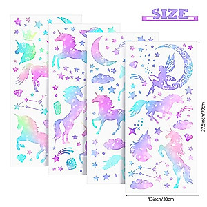 4 Sheets of Unicorn Peel and Stick Wall Decal Glitter Unicorn and Fairy Wall Stickers Cartoon Wall Decals Removable DIY for Bedroom Playroom Living Room Decor, Unicorn and Fairy