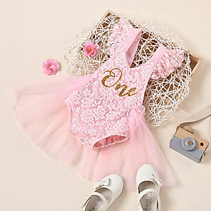IBTOM CASTLE Baby Girl 1st Birthday Outfit Boho Ruffle Sleeveless Lace Tulle Romper Princess Tutu Dress Backless Infant Bodysuit First Birthday Photoshoot Clothes Pink+Crown 12-18 Months