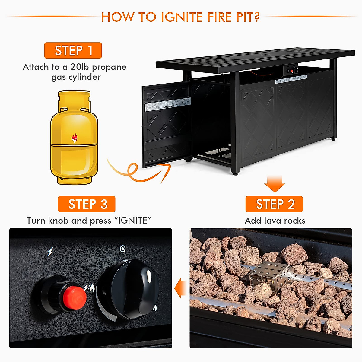 ORALNER Propane Fire Pit Table, 57” Rectangular Outdoor Fire Table 50,000 BTU Fire Pit w/Lid & Lava Rocks Auto Ignition Metal Patio Fireplace, Gas Firepit Table for Outside Yard Balcony Deck, Black