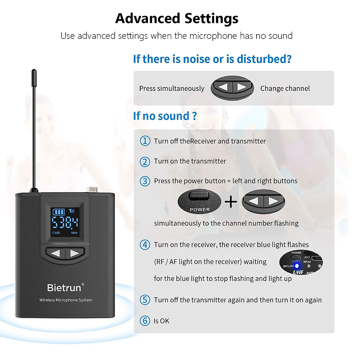 Bietrun UHF Wireless Lavalier Lapel Microphone System/Headset Mic/Stand Mic, 165ft Range, Rechargeable Transmitter Receiver, 1/4" Output, for iPhone,Android,PA Speaker,DSLR Camera,YouTube, Recording