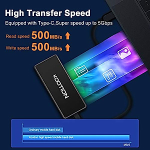 KOOTION 500GB External Portable SSD USB-C Solid State Flash Drive for Laptop/MacBook/Game Console, Mini Aluminum USB 3.1 External Hard Drive, Up to 540MB/s, Black, 500GB