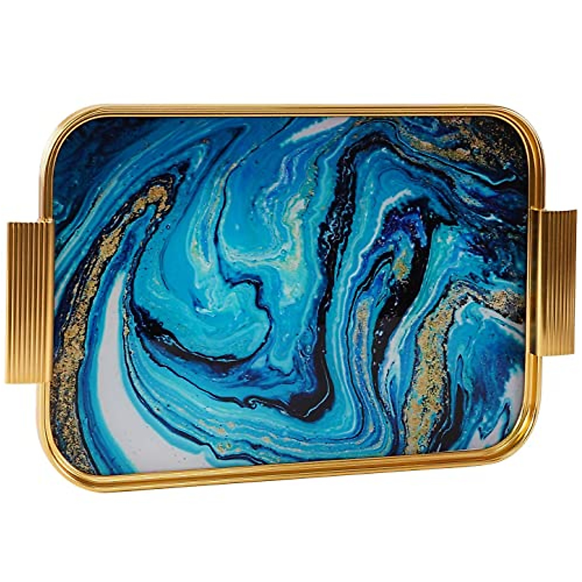 Dalimfun Glass Decorative Tray, Turqoise Marbling Serving Tray with Handles, Rectangular Coffee Table Tray, Decor Tray for Ottoman, Bar, Vanty, Makeup Perfume Organizer, 15.6 X 10 Inch