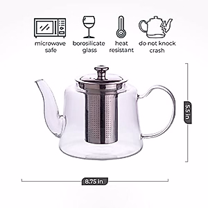 Aserson 1100 ml/37 oz Glass Teapot, Heat Resistant, Stainless Steel Infuser, Handmade, Leaf Tea Brewer, Borosilicate Glass, Stovetop Teapot and Microwave Safe