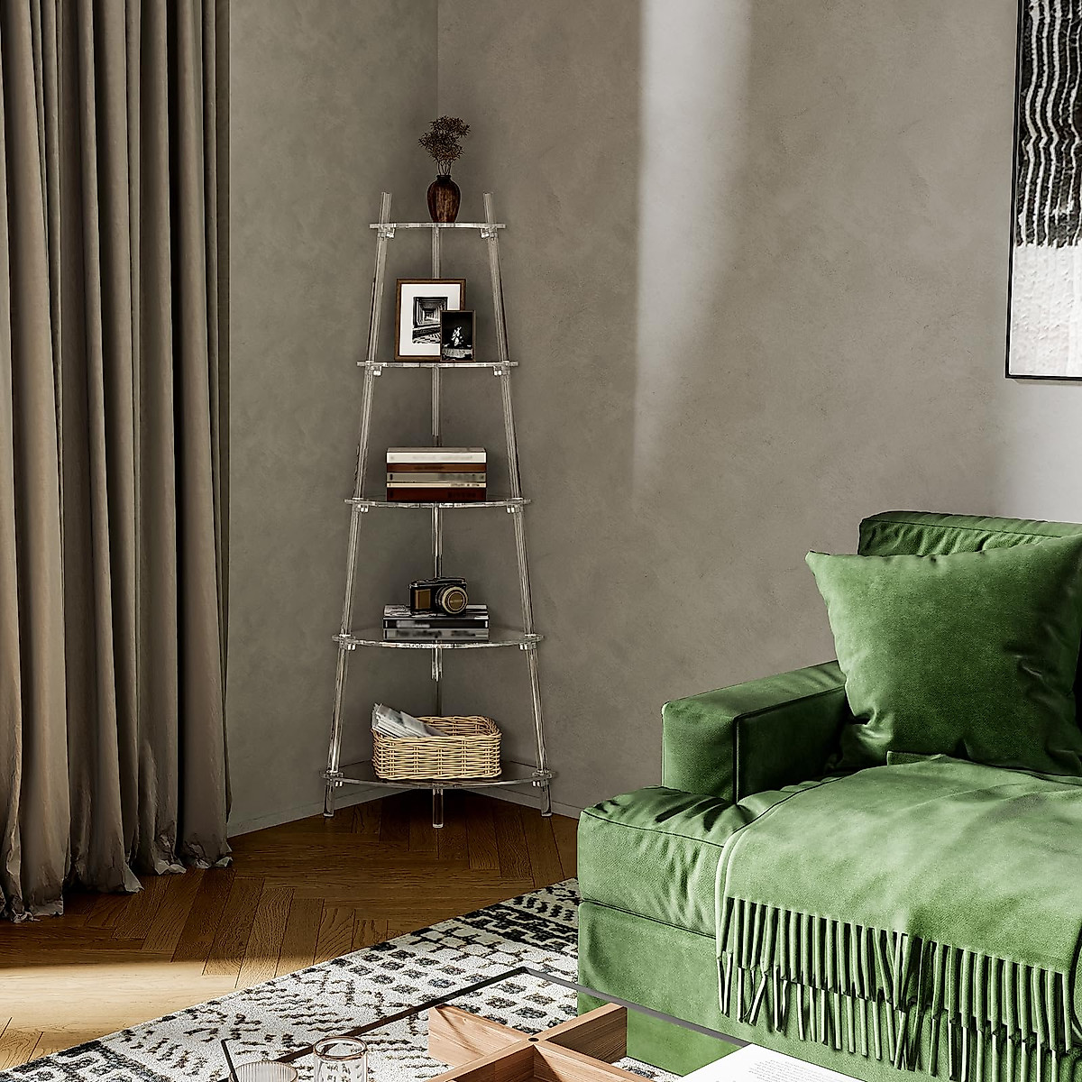 CRTERICX Acrylic Corner Bookshelf, 61" H, 5-Tier Clear Ladder Bookcase for Small Spaces, Multipurpose Corner Shelf for Living Room, Bathroom, Office