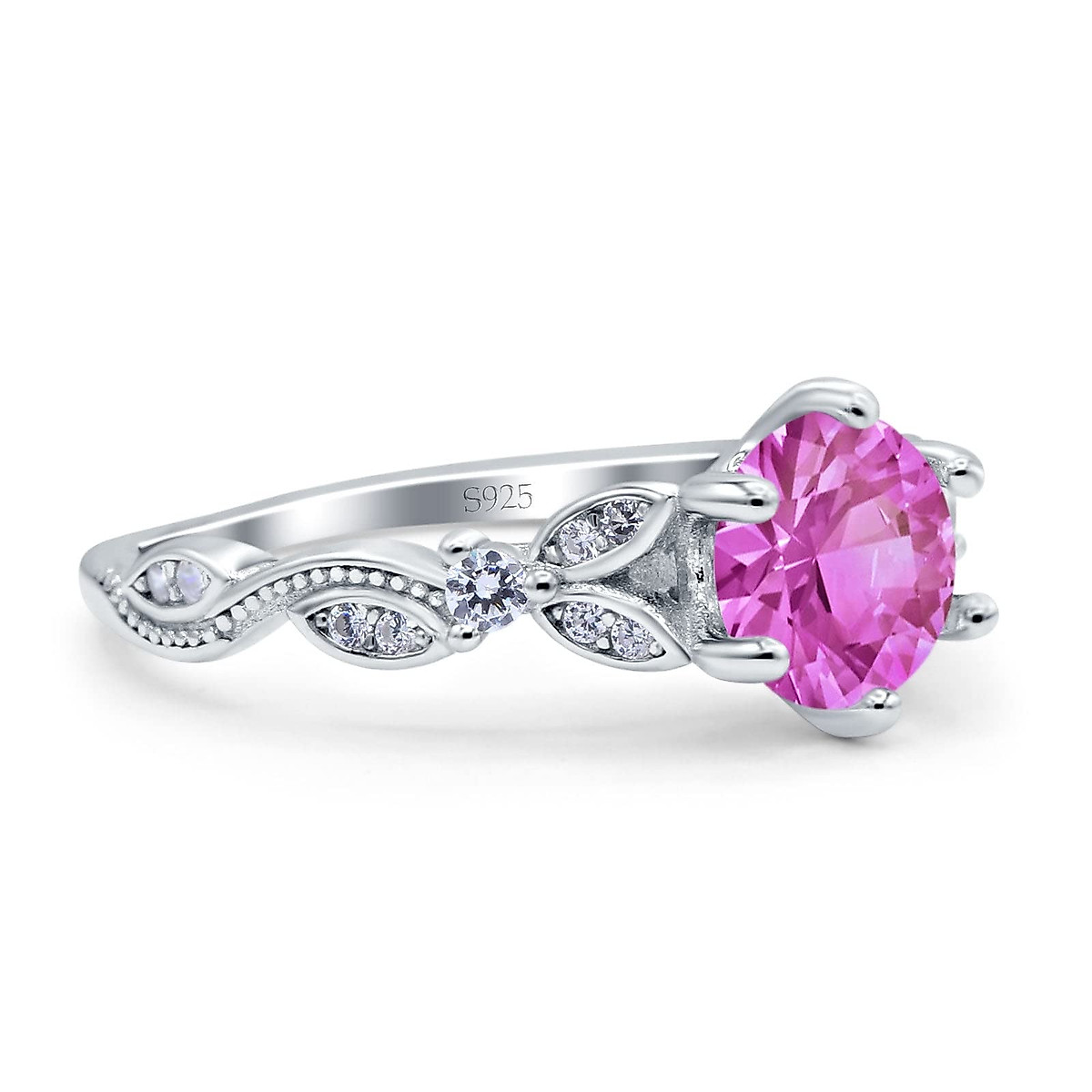 Blue Apple Co. Simulated Pink CZ Size-7 Vintage Style Round Bridal Wedding Engagement Ring Marquise Design CZ 925 Sterling Silver