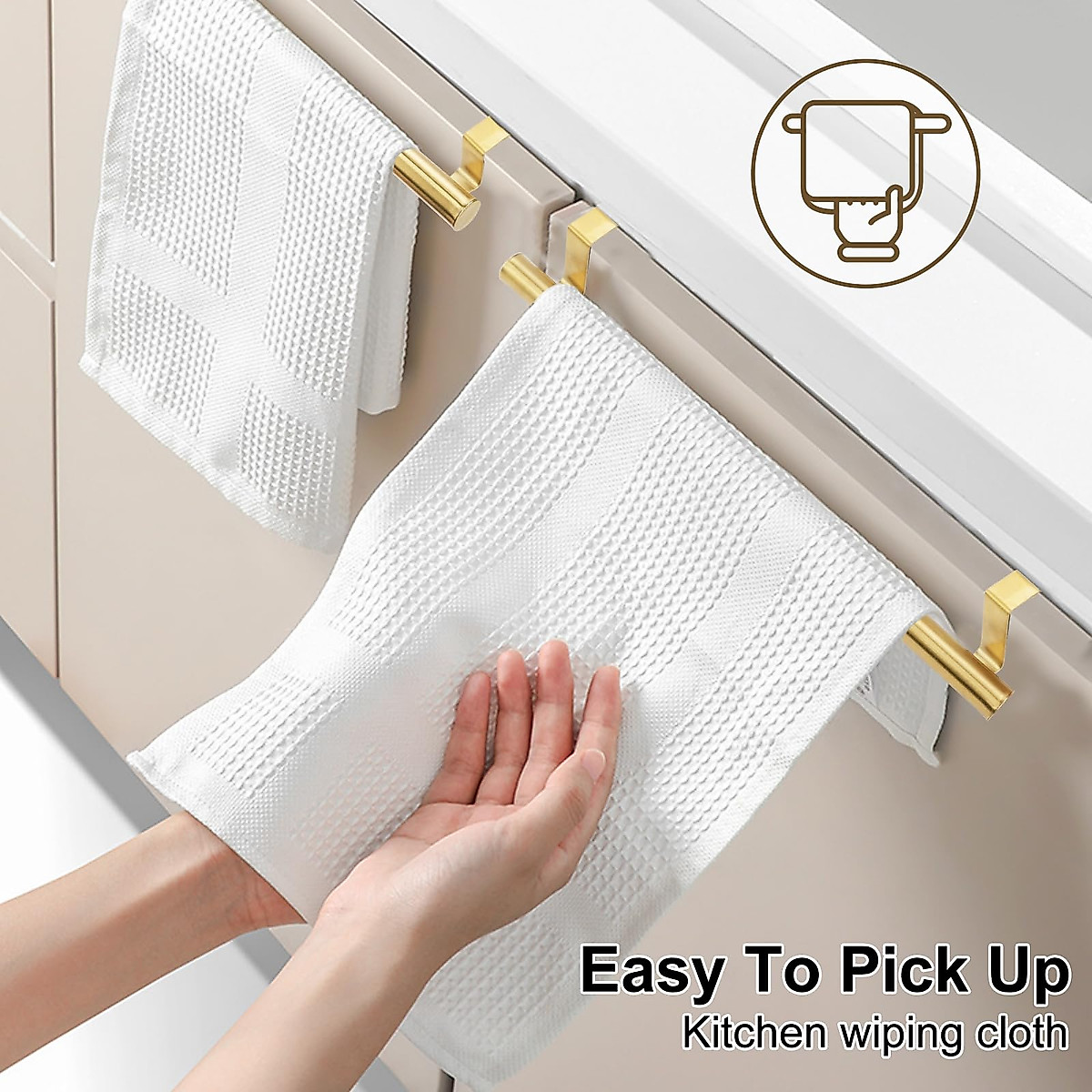 RETON 3 PCS Over Door Towel Rack, 9 Inch Stainless Steel Cabinet Towel Hanger Towel Bar Holders, Kitchen Towel Holder with Anti-Slip Pads, No Drilling (Gold)