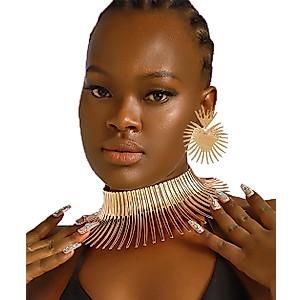 Fstrend Collar Choker Necklace Earrings Set Gold Flower Statement African Canine Tooth Shape Necklace Cleopatra Costumes Jewelry Accessories for Women and Girls (Gold)