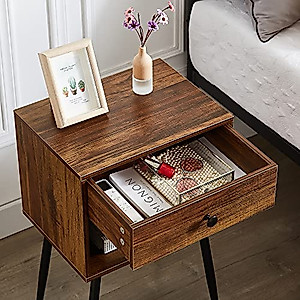 VECELO Nightstand Set of 2 Easy Assembly, 2-Tier Modern Night Stand/Side Table with Drawer and Storage Shelf for Small Places, Bedroom, Living Room, 23.6 Inch, Brown