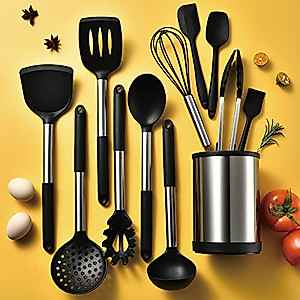 Keidason Kitchen Cooking Utensils Set, 12-piece Non-stick Silicone Kitchen Utensils Set Heat-resistant Stainless Steel Handle,BPA-Free, Kitchen Tool Set (Black)