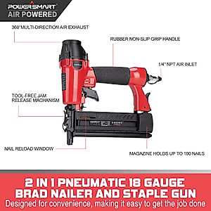 Pneumatic Brad Nailer, POWERSMART 2 in 1 Nail Gun and Crown Stapler with Safety Glasses, Compatible with 5/8” up to 2” Nails, 18 Gauge Brad Gun for Upholstery, Carpentry and Woodworking Projects