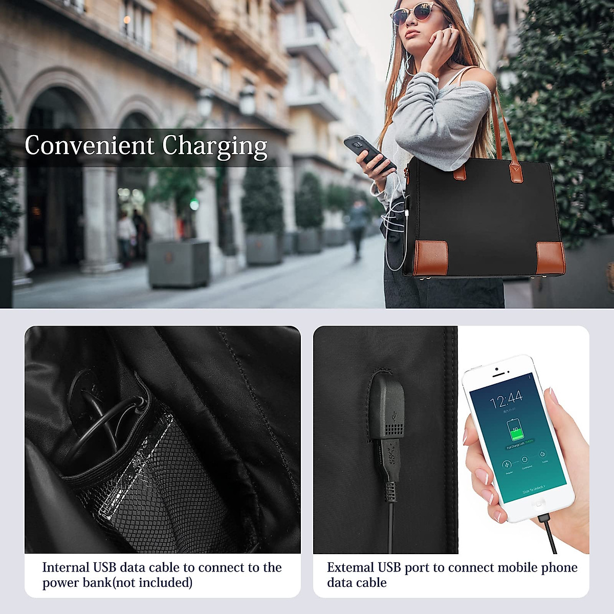 NUBILY Women's Large Black Tote Laptop Bag, 15.6 Inch USB Charging Port, Waterproof Nylon Shoulder Bag