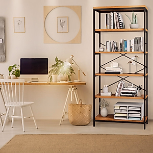 BATHWA Bookshelf, 6-Tier Industrial Bookshelves, Wood and Metal Bookcase, Free Standing Storage Vintage Bookshelf for Living Room, Bedroom and Home Office, Rustic Brown