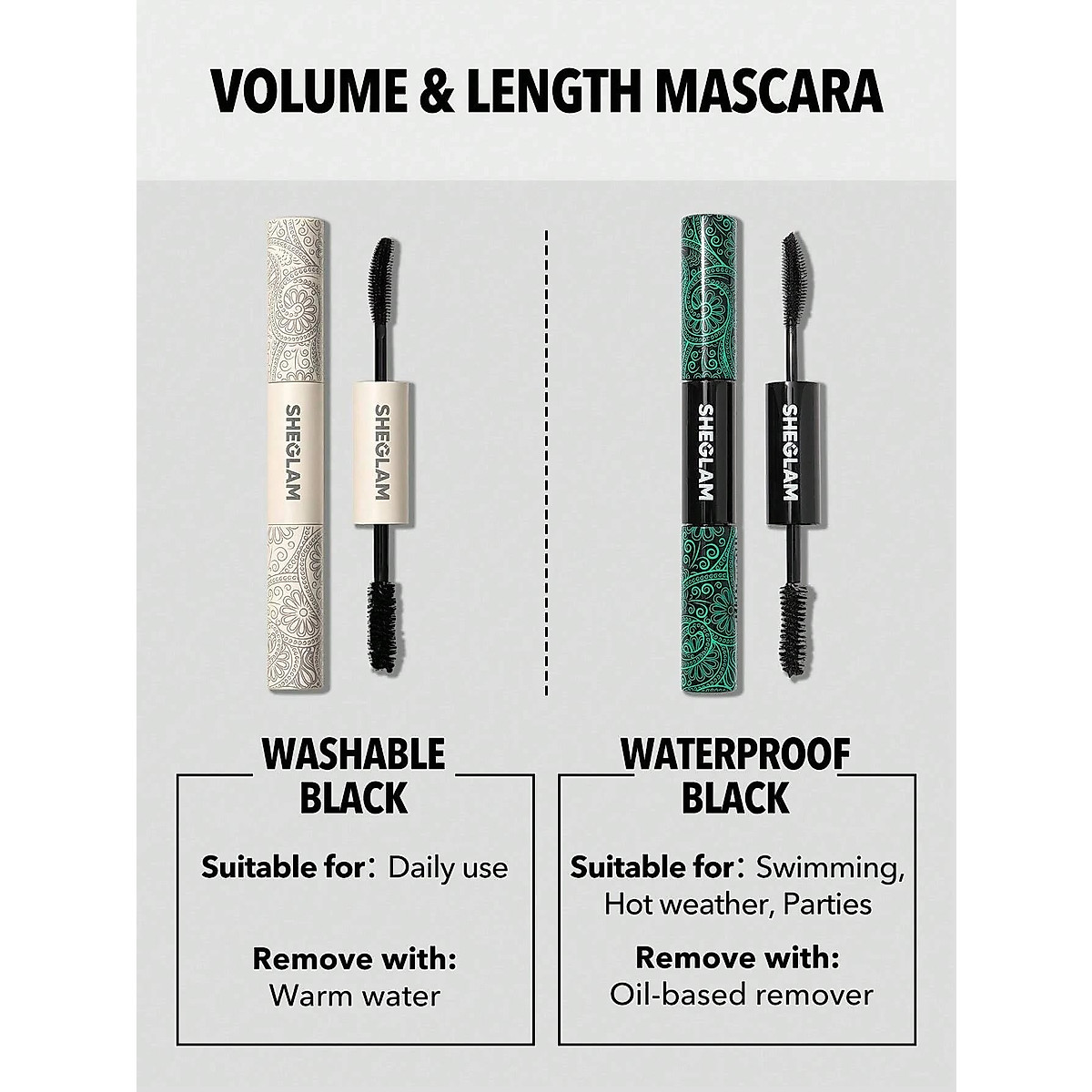 SHEGLAM 2 In 1 Black Volume and Length Washable Mascara Long Lasting Dual-Ended Tubing Eye Makeup
