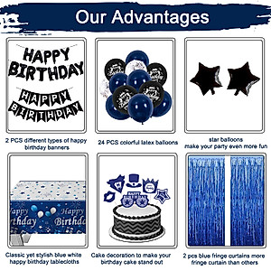 Blue Black Happy Birthday Decorations for Men Women Boys, Happy Birthday Banner, Fringe Curtain, Beer Balloons, Tablecloth, Hanging Swirls for 13th 16th 18th 21st 30th 40th 50th 60th Party Supplies