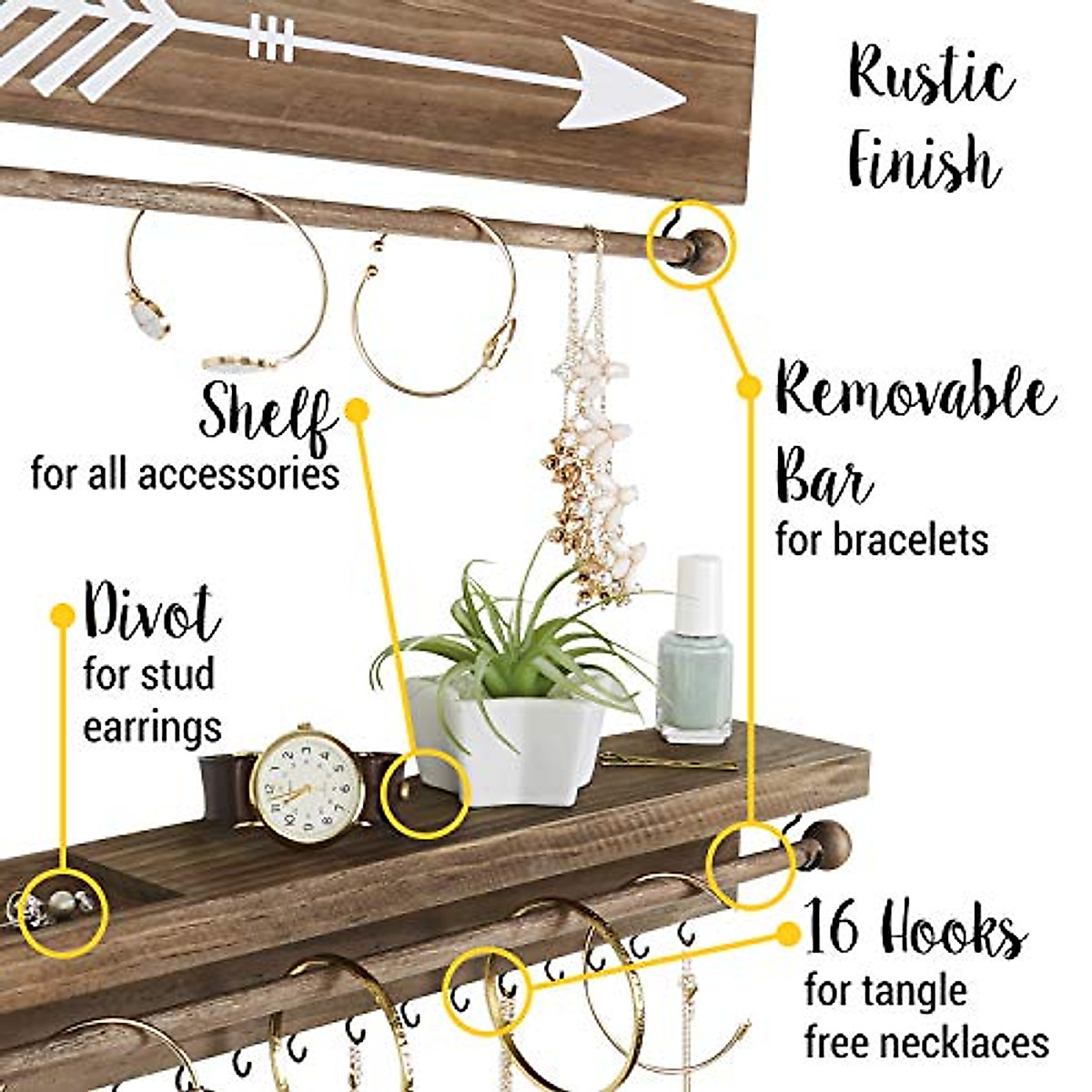 SoCal Buttercup Rustic Necklace and Jewelry Organizer - Hanging Wall Mount Display - Mounted Wooden Holder for Earrings, Necklaces, Bracelets, and Many Other Accessories (Two Piece, Rustic)