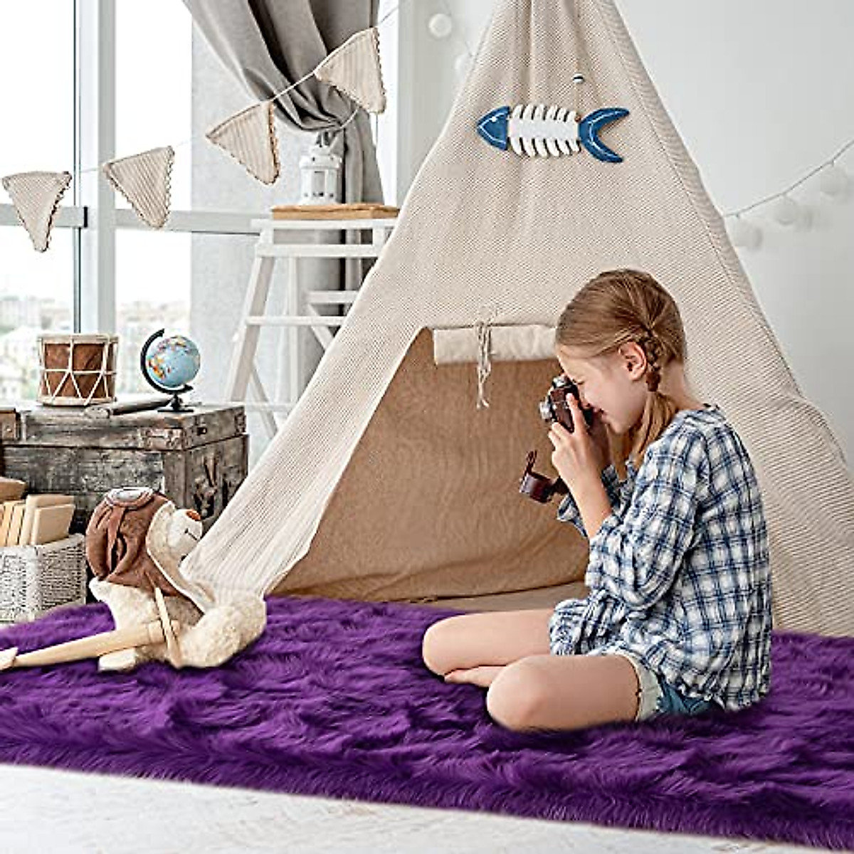 Amearea Soft Fluffy Plush Faux Fur Rug, 3 x 5, Modern Shaggy Fuzzy Purple Rugs for Bedroom, Living Room, Dorm Nursery Decor, Furry Plush Sofa Faux Sheepskin Carpet, Purple