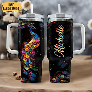 Hyturtle Personalized Peacock Tumbler - Floral Peacock Gifts For Women - Animal Present For Peafowls Lover Her - Mothers Day Present For Mom - Custom Name Travel Coffee Cup 40 oz With Lid And Straw