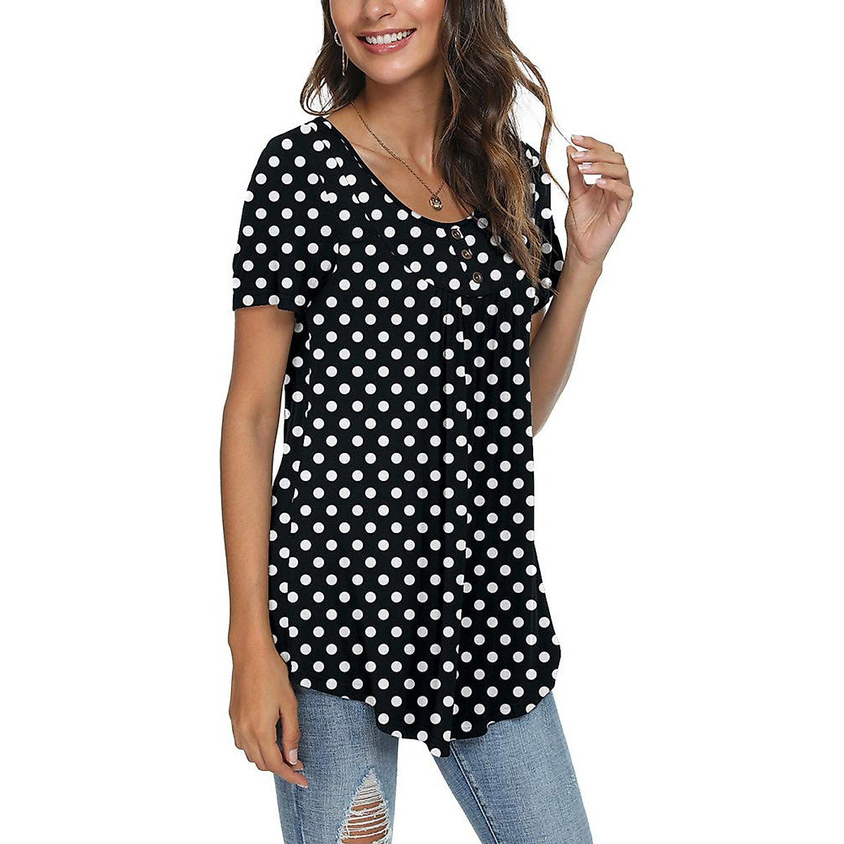 POPYOUNG Summer Womens Tunic Tops Loose Fit dressy Casual Short Sleeve Shirts to wear with Leggings M, Polka Dot Black