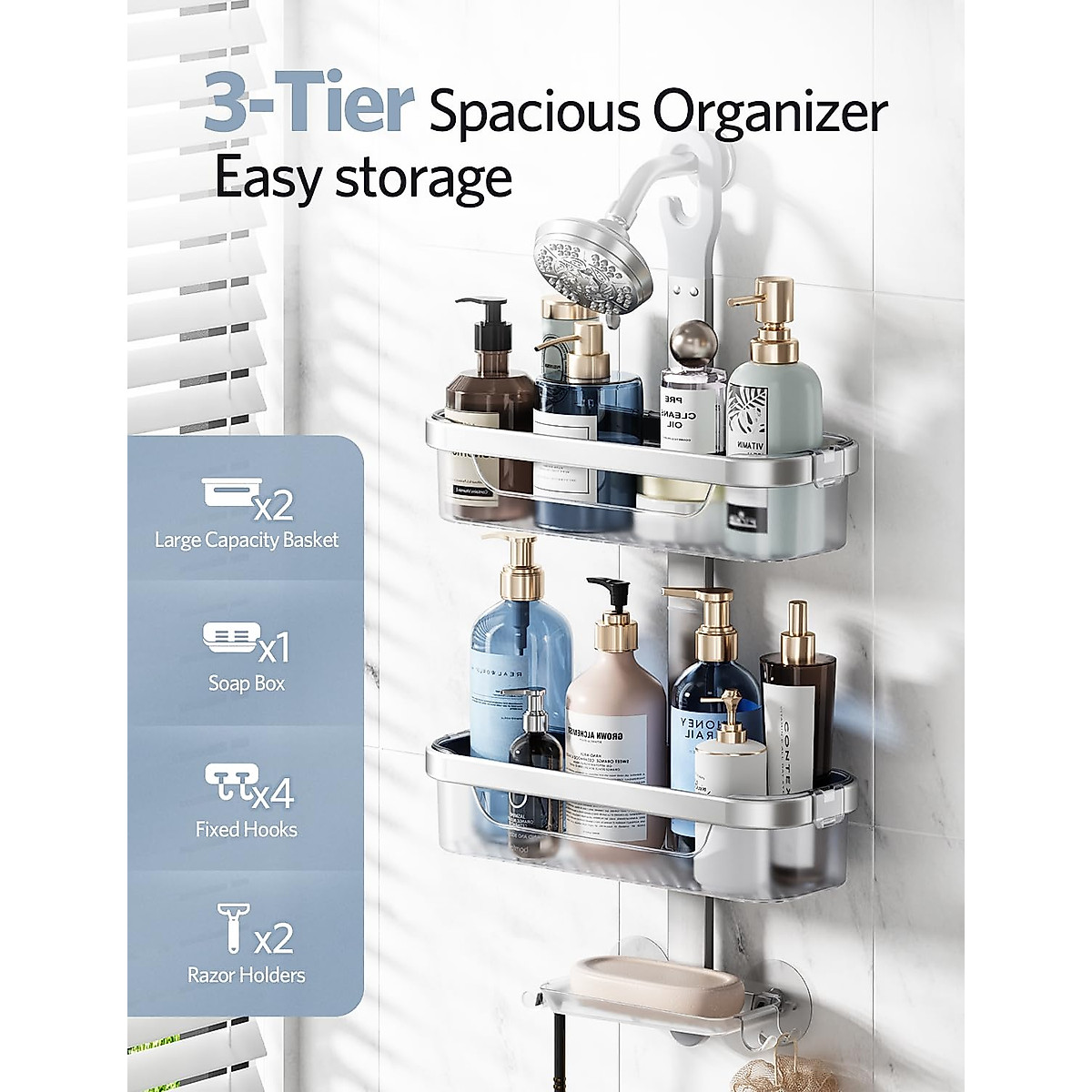 LAMU Adjustable-Shower-Caddy-Hanging, Rust Proof Shower Hanging Organizer, 3-Tier Aluminum Alloy + ABS, Large Capacity Shower Caddy Over-the-Showerhead with Hooks, Razor Holder, Soap Dish, Silver