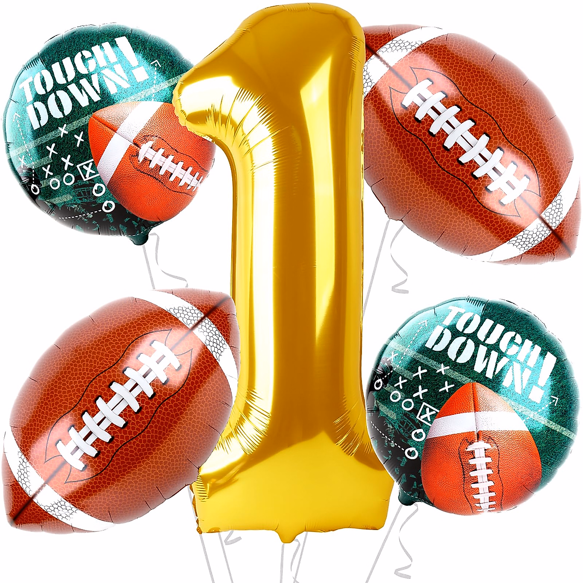 Dripykiaa 5Pcs First Year Down Football Birthday Party Balloon 40” Gold One Balloon Bouquet for First Birthday Football Foil Helium Balloons Birthday Party Decorations Party Supplies Backdrops for Boy