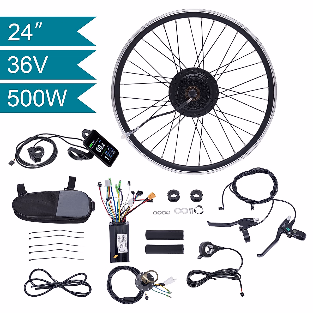24" E-Bike Conversion Kit 36V 500W E-Bike Rear Wheel Motor Kit w/Display & Pedal Sensor, Brushless Gear Motor, 5 Speed Controls