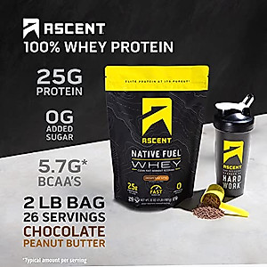 Ascent Native Fuel Whey Protein Powder - Post Workout Whey Protein Isolate, Zero Artificial Ingredients, Soy & Gluten Free, 5.7g BCAA, 2.7g Leucine, Essential Amino Acids, Chocolate Peanut Butter 2 lb