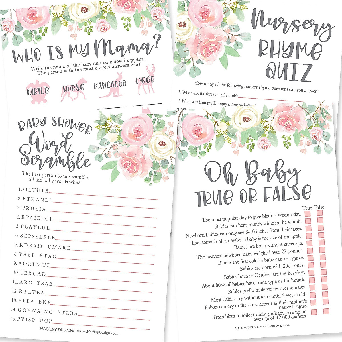 25 Floral Word Scramble For Baby Shower, 25 True Or False Game, 25 Baby Animal Matching, 25 Nursery Rhyme Game - 4 Double Sided Cards Baby Shower Ideas, Baby Shower Party Supplies