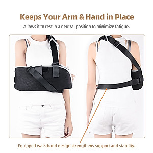 Solmyr Arm Sling for Broken Fractured Bones Elbow Wrist, Adjustable Shoulder Immobilizer & Rotator Cuff Support Brace, Split Strap and Waistband, Universal for Left and Right Arms, Men and Women(L)