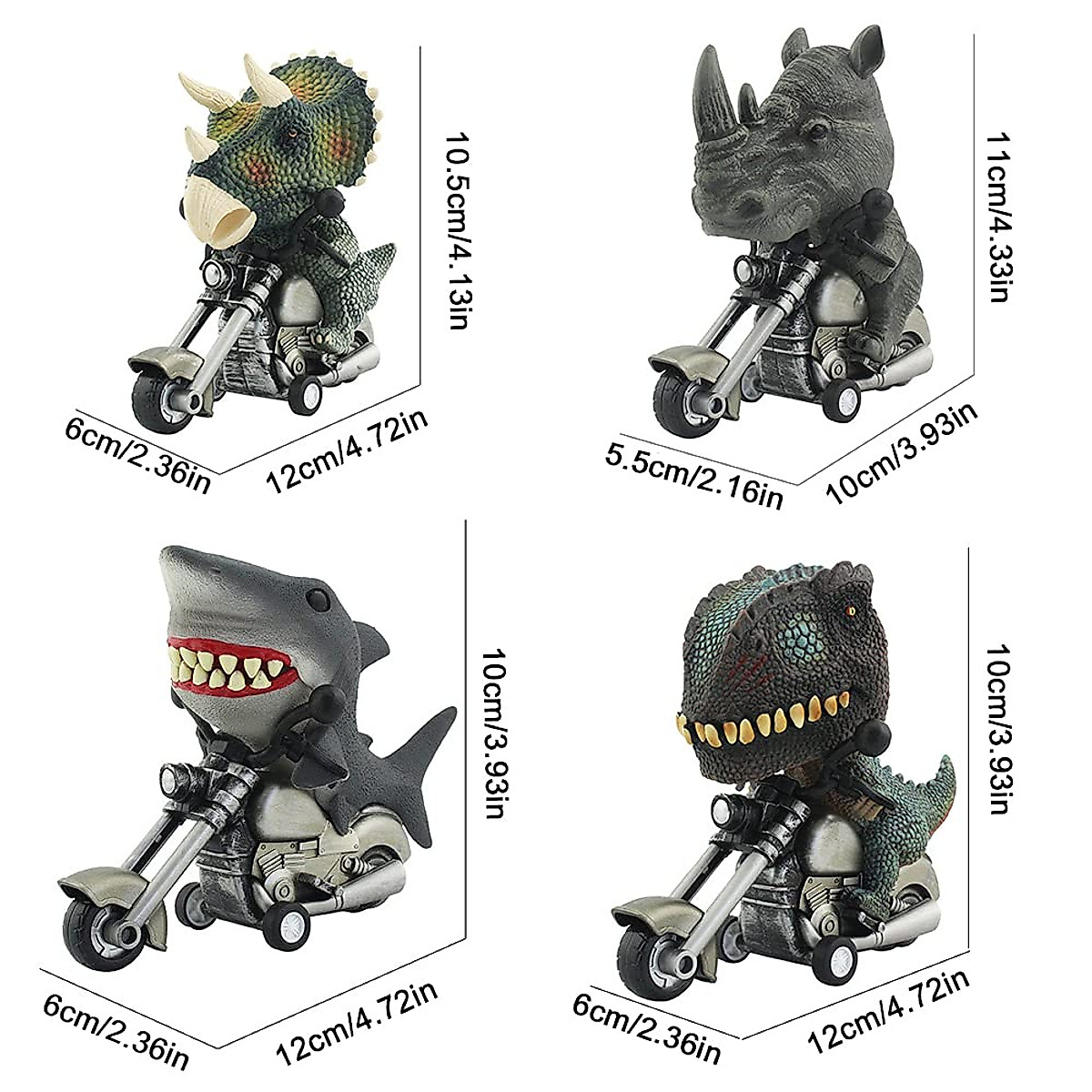 Dino Toys 4PCS Friction Powered Inertia Animal Motorcycle Toy Vehicle Gifts for Kids Boys Age 3,4,5,6,7,8Shark Toy Car ，Special Rhino Toy ，Dinosaur Motorcycle Game T-Rex and Triceratops Monster.