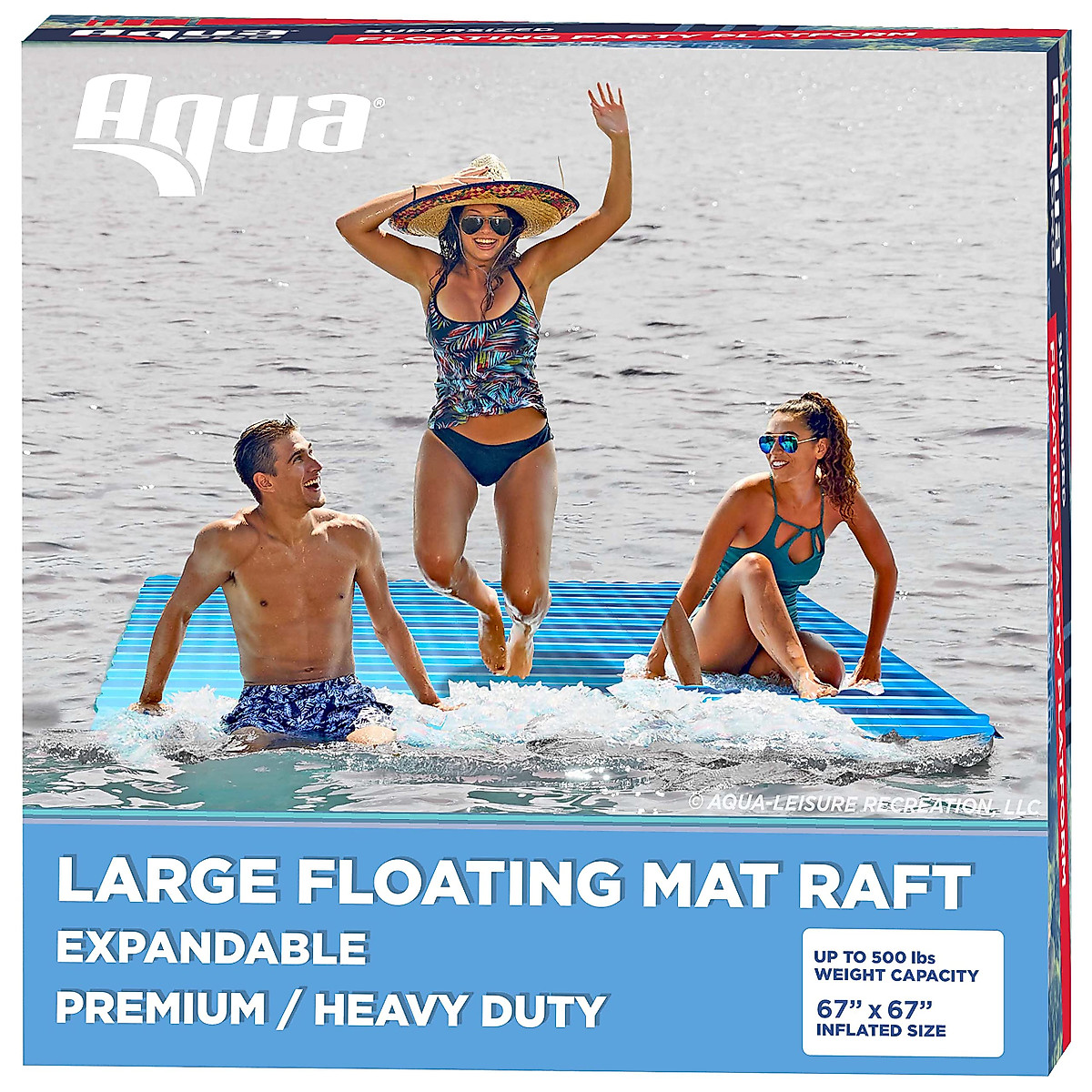 Aqua Ultimate Floating Water Mat – Heavy Duty Floating Island Pad with Expandable Zippers – Navy/White Stripe