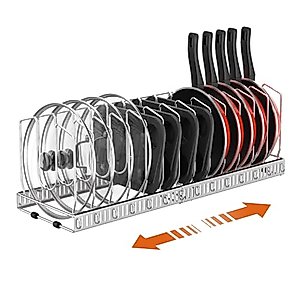 Housolution Pot Lid Organizer, Stainless Steel Expandable Pot and Pan Organizer with 14 Adjustable Dividers, Pan Storage Rack Lid Holder for Cabinet, Silver