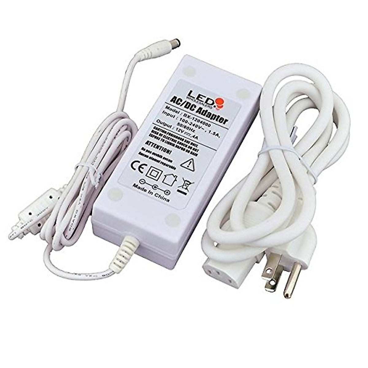 LEDwholesalers 12V 4A 48W AC/DC Power Adapter with 5.5x2.1mm DC Plug, White, 3227-12V