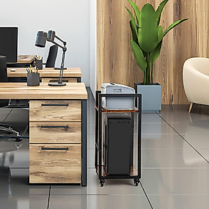 SEHERTIWY 2 Tier Computer Tower Stand, Brown CPU Holder Stand Cart with Rolling Caster Wheels, Mobile PC Tower Stand for Office Home Studio