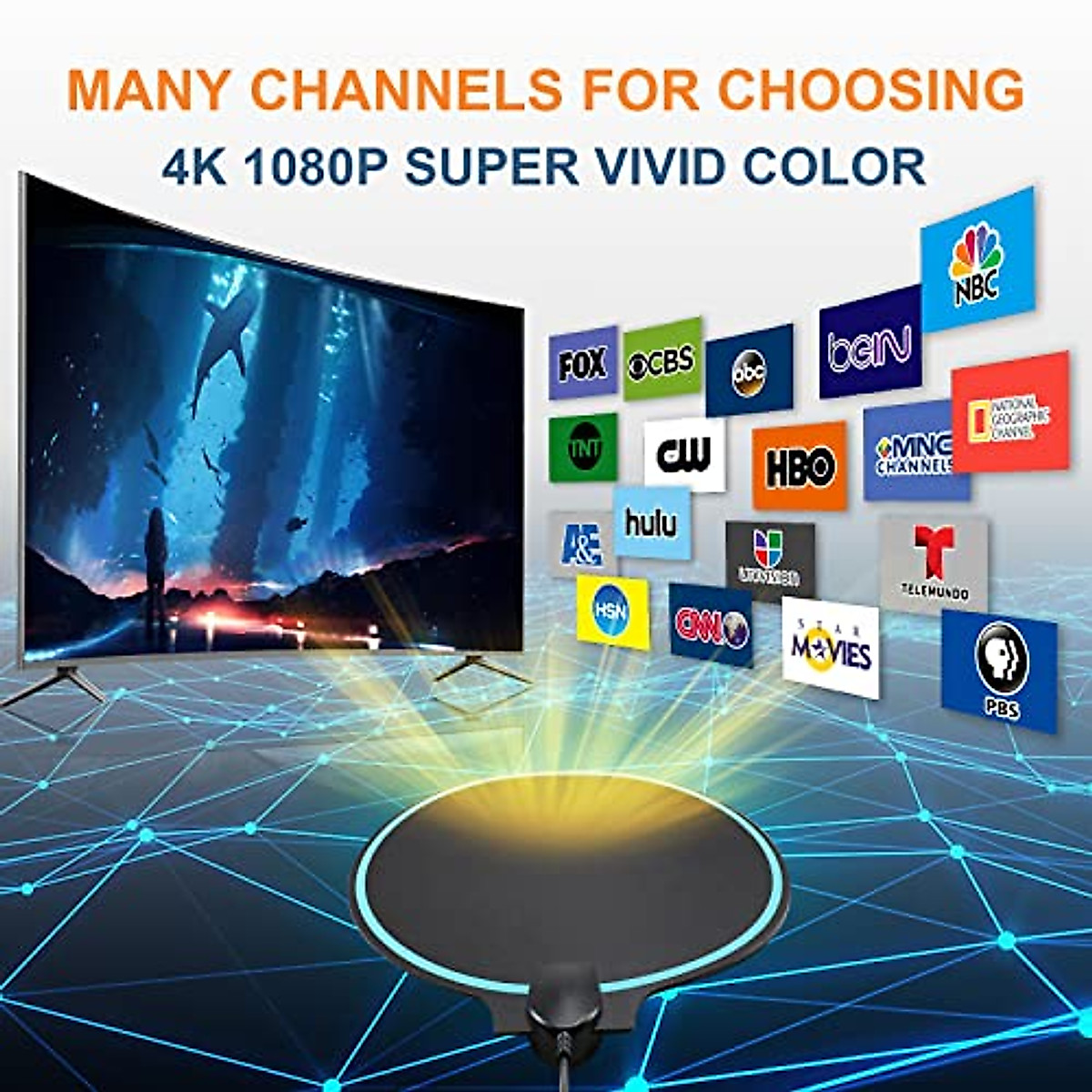 Digital HDTV Antenna Long Range 380 Miles Indoor Amplified Signal Booster Support 4K 1080P UHF VHF FM Local Channels with 13.4ft Coax Cable and USB Power Adapter