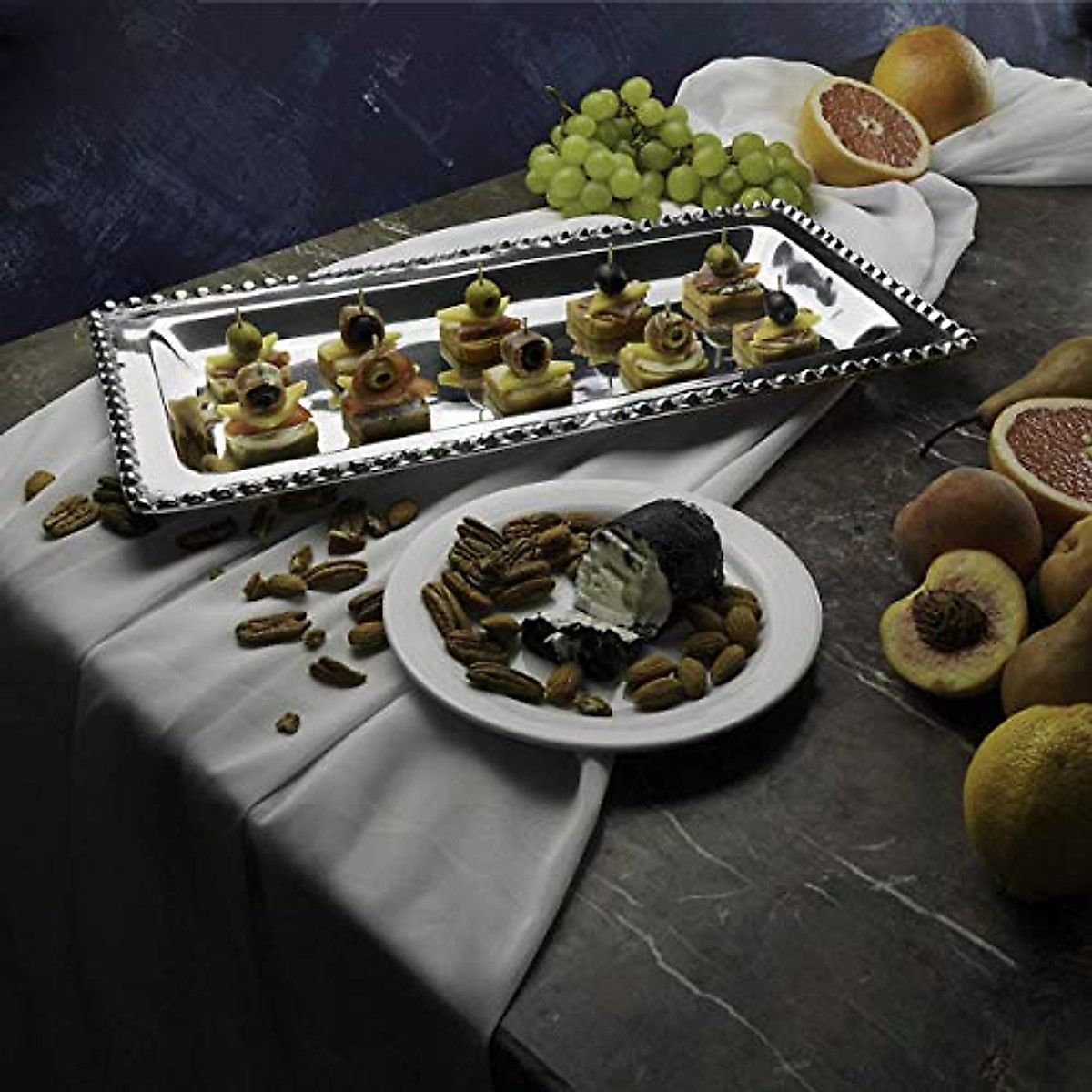 Personalized Rectangular Pearls Serving Tray- Handcrafted, Rectangular Silver Tray, Tray for Whiskey Decanter, Candle Sticks, Vanity Set, Perfume Tray, and Serving Appetizer Plates