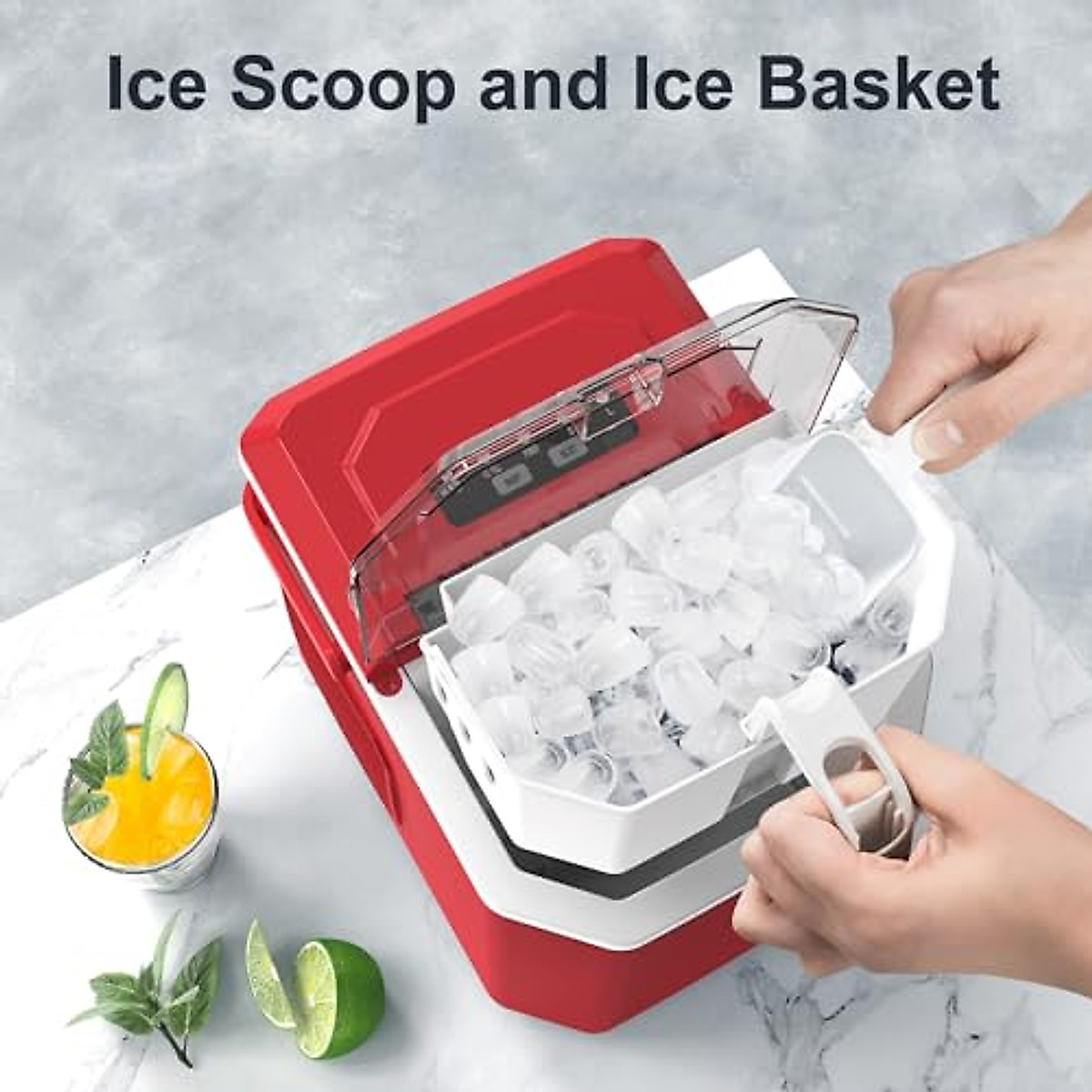 ZAFRO Ice Makers Countertop, 9 Cubes Ready in 6 Mins, Self-Cleaning Ice Machine with Detachable Double Handle and Anti-Hollowing Basket, 2 Size of Bullet Ice for Home Kitchen Office Bar Party, Red