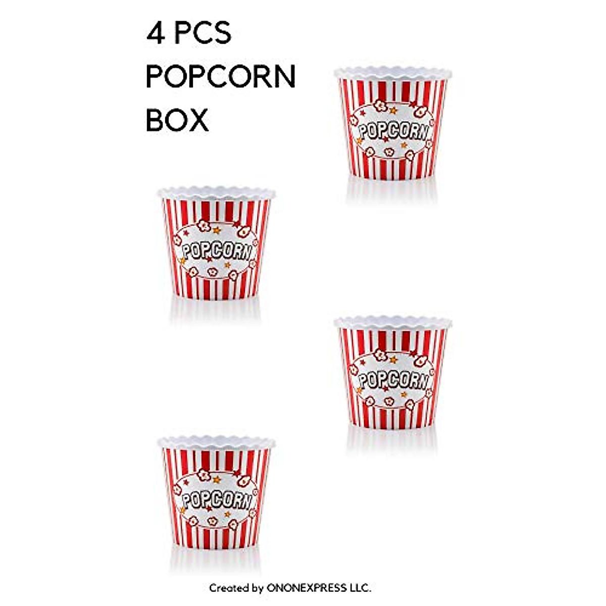 ONONEXPRESS Modern Style Reusable Plastic Popcorn Box/Popcorn Containers/Popcorn Bowls Set for Movie Theater Night - (BPA Free - Red/White 4 Pack-75 oz)