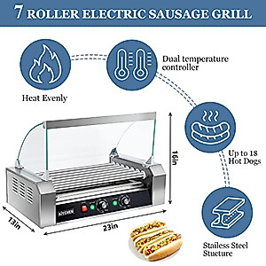 Hot Dog Roller Machine Electric Grill Cooker Machine with Glass Cover 18 Hot Dog Capacity 7 Roller Grill Machine for Commercial Grade Household 120V 900W (7 Roller Grill)